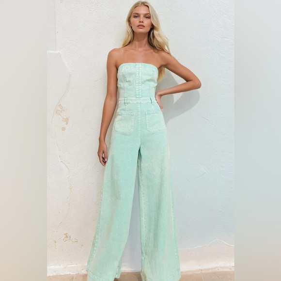 Pants & Jumpsuits | Womens Aqua Strapless Wide Leg Denim Jumpsuit ...